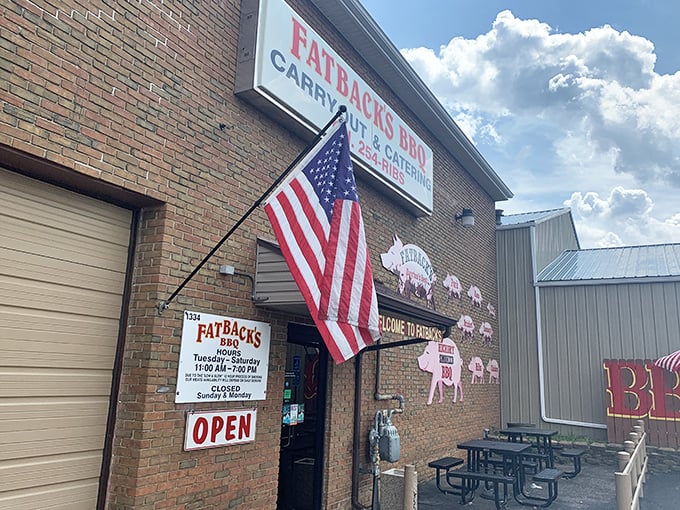 The American flag flies proudly outside Fatback's, where patriotism and perfect pulled pork go hand in hand.