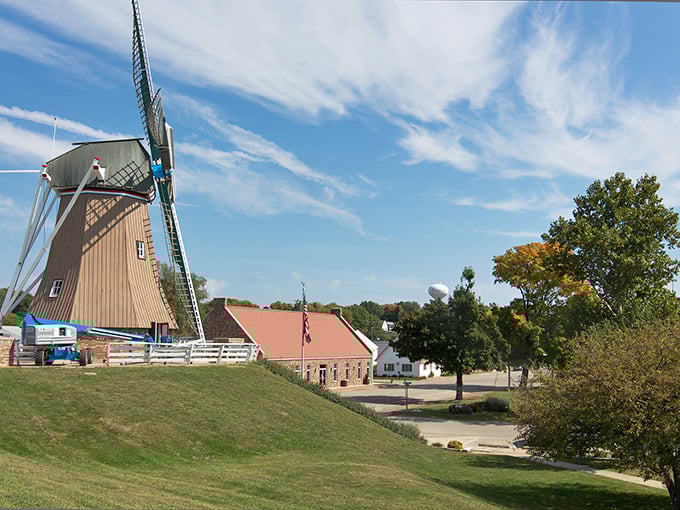 Fulton's authentic Dutch windmill stands tall against the Midwest sky, no tulips or wooden shoes required.