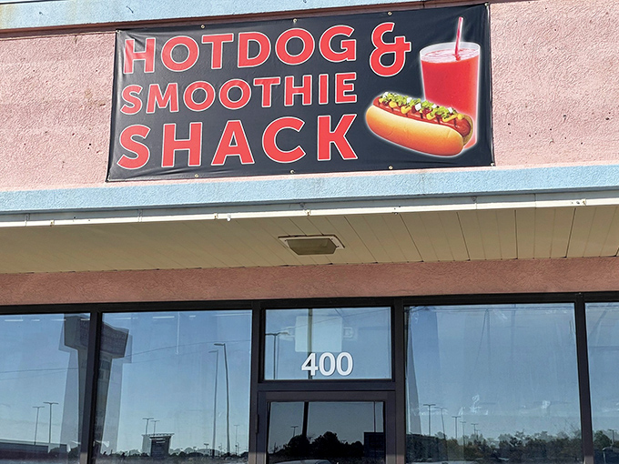 The sign says "Hot Dog & Smoothie Shack" with the confidence of someone who knows these two things absolutely belong together.
