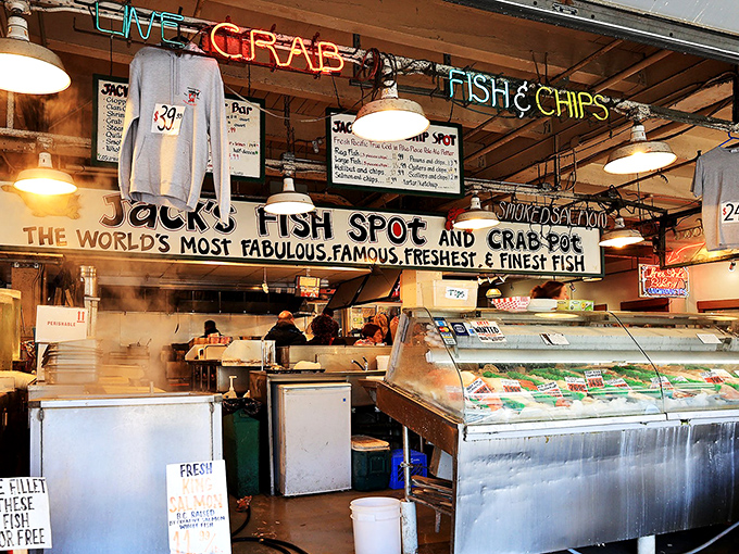 Jack's Fish Spot &ndash; where the neon sign's bold claim of "world's most fabulous fish" isn't just hype, it's a daily promise.