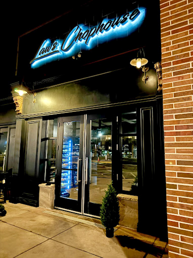 That blue neon glow is Law's Chophouse saying, "Yes, we're cool enough to serve you the best steak of your life."