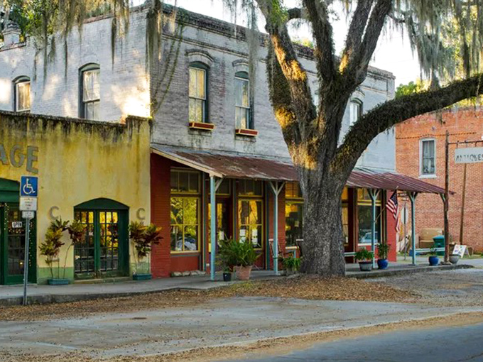 Micanopy: Spanish moss creating nature's awning over brick storefronts&mdash;time moves slower here, and that's entirely the point.