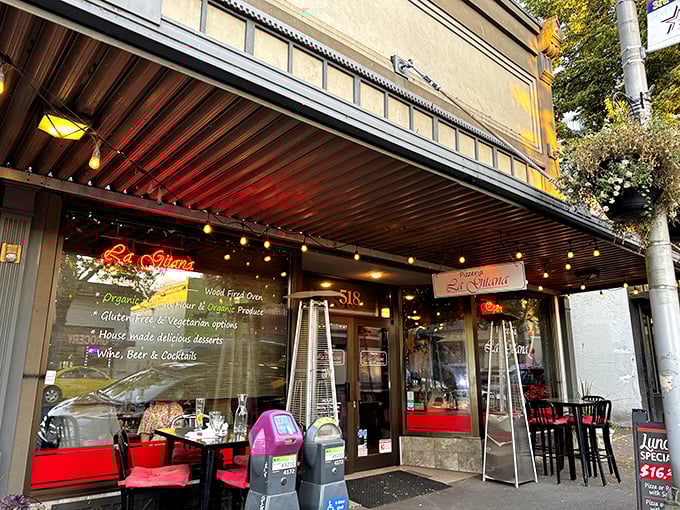 Olympia's hidden gem glows with promise. Those string lights aren't just decoration&mdash;they're a pizza bat-signal.