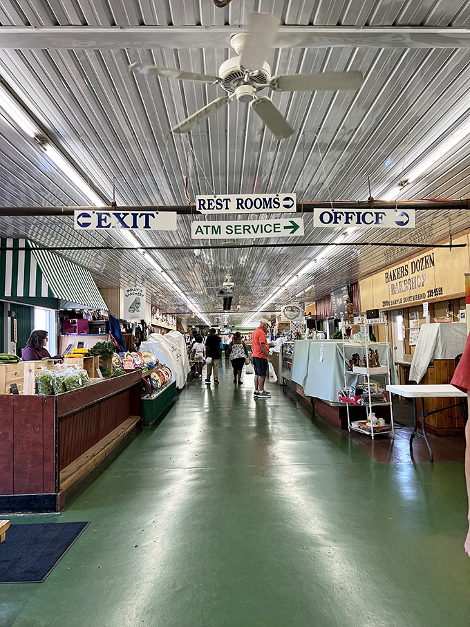 The green floors and polished metal ceiling create a surprisingly dignified backdrop for your treasure hunting adventures.