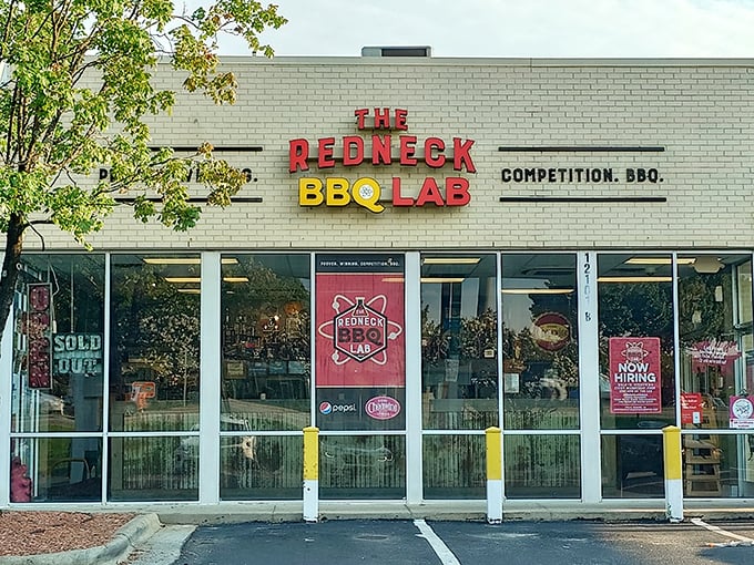 The Redneck BBQ Lab's bold signage announces its mission: applying scientific precision to the ancient art of smoke and meat.
