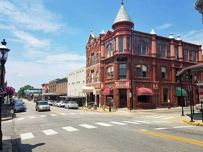 Van Buren's Main Street &ndash; where each brick building tells a story, and the train still runs right through the heart of town.