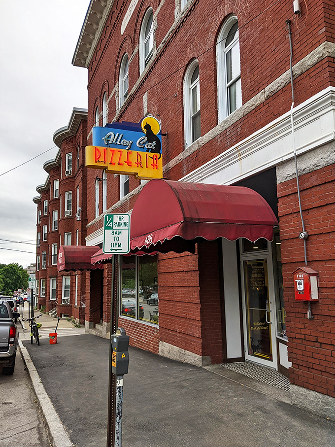 Brick building, red awnings, and pizza that makes you question why you ever ate anywhere else&mdash;Alley Cat has the whole package.