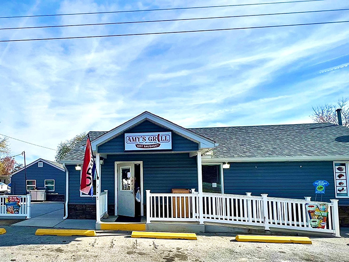 Blue siding, white trim, and red flags&mdash;Amy's Grill is patriotic in both colors and its dedication to American comfort food.