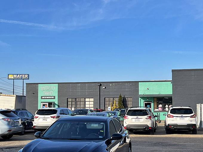 Like a modern art installation that happens to sell amazing vintage furniture, Diversity Thrift's exterior promises unconventional shopping adventures.