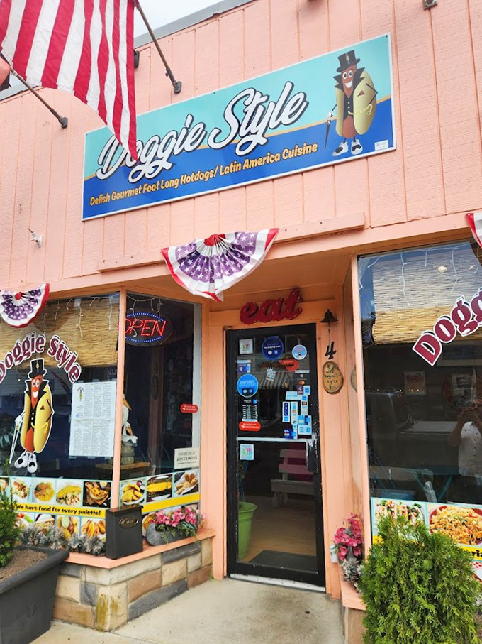 The top-hatted hot dog gentleman on Doggie Style's sign tips his hat to both tradition and Latin-inspired innovation.