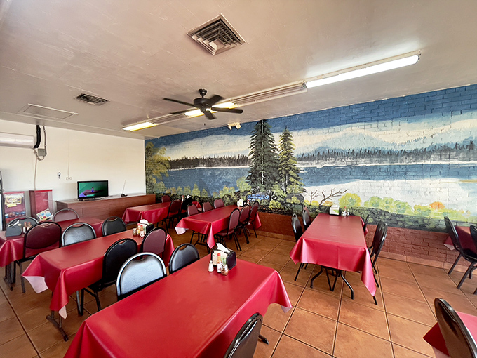 Red tablecloths and a serene lake mural create the perfect backdrop for seafood that transports you far from the Arizona heat.