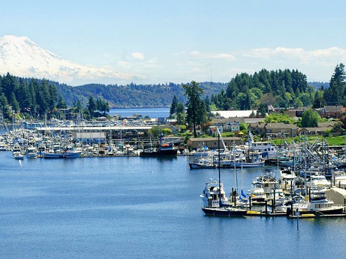 Marina life doesn't get more photogenic than this. Gig Harbor cradles its boats like precious gems against Mount Rainier's majesty.