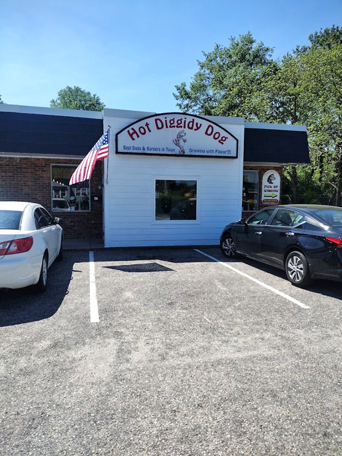 That crisp red door isn't just an entrance&mdash;it's a portal to hot dog enlightenment that generations of locals have discovered.