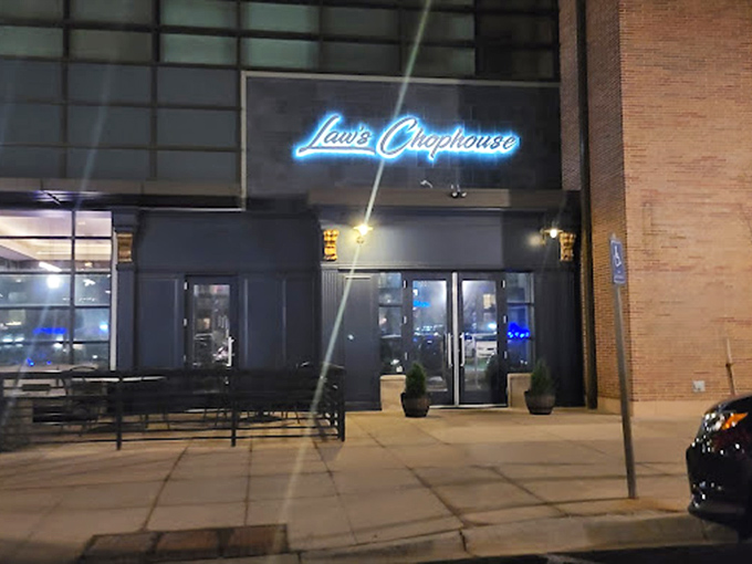 Modern, sleek, and ready to impress &ndash; Law's nighttime entrance promises a steak experience that's anything but ordinary.