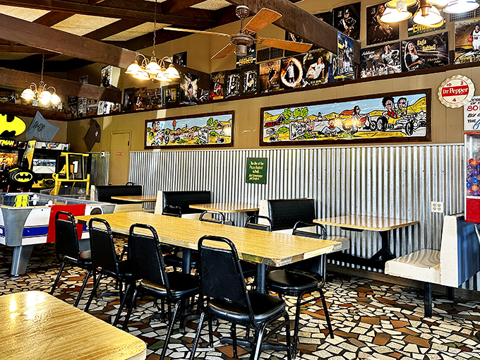 Inside Pizza Mill, memorabilia lines the walls like a museum dedicated to the art of comfort food and community gathering.