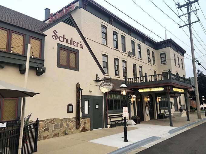 That "Distinctive Dining" sign isn't just marketing &ndash; Schuler's historic building houses beef mastery refined over decades.