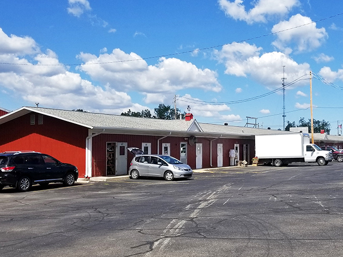 South Bend Farmer's Market's unassuming exterior under the blue skies&mdash;like the Downton Abbey of flea markets.