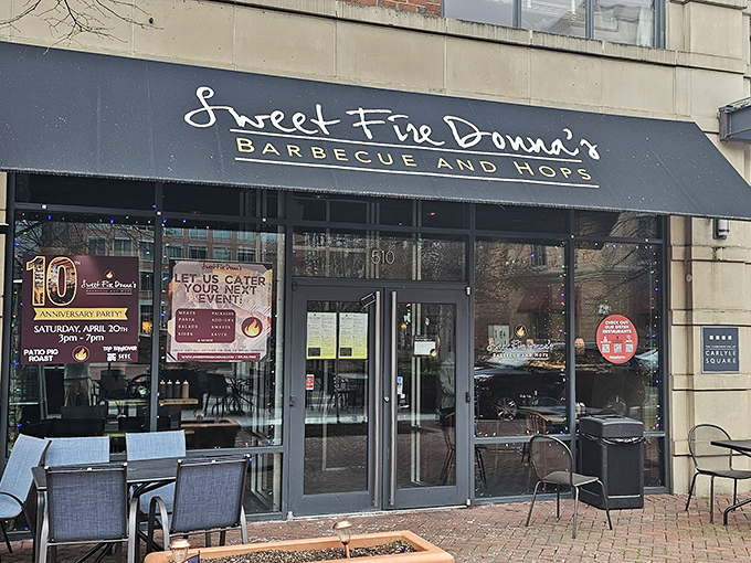 Behind that sleek black awning, Sweet Fire Donna's balances city style with country cooking. The sign promises barbecue and hops &ndash; a match made in heaven.