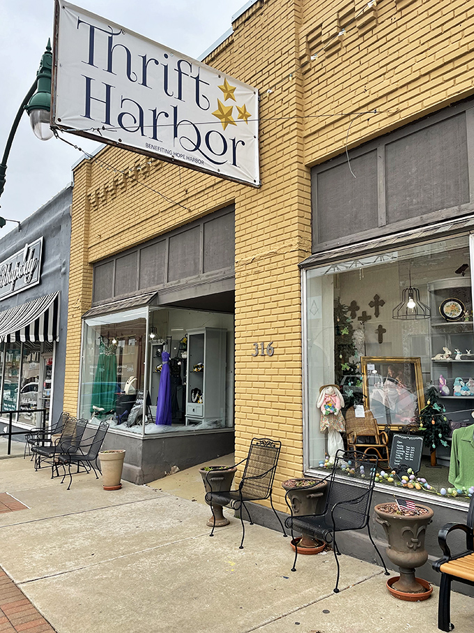 Sidewalk seating invites contemplation: "Do I really need another vintage teacup?" (The answer is always yes).