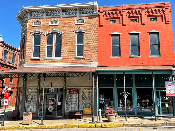 The ornate red brick buildings of Van Buren's historic district stand like proud sentinels guarding tales of river trade past.