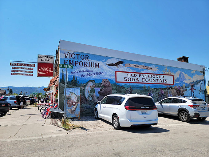 Victor: The Victor Emporium's colorful mural promises huckleberry shakes that taste like Idaho summers distilled into creamy perfection.