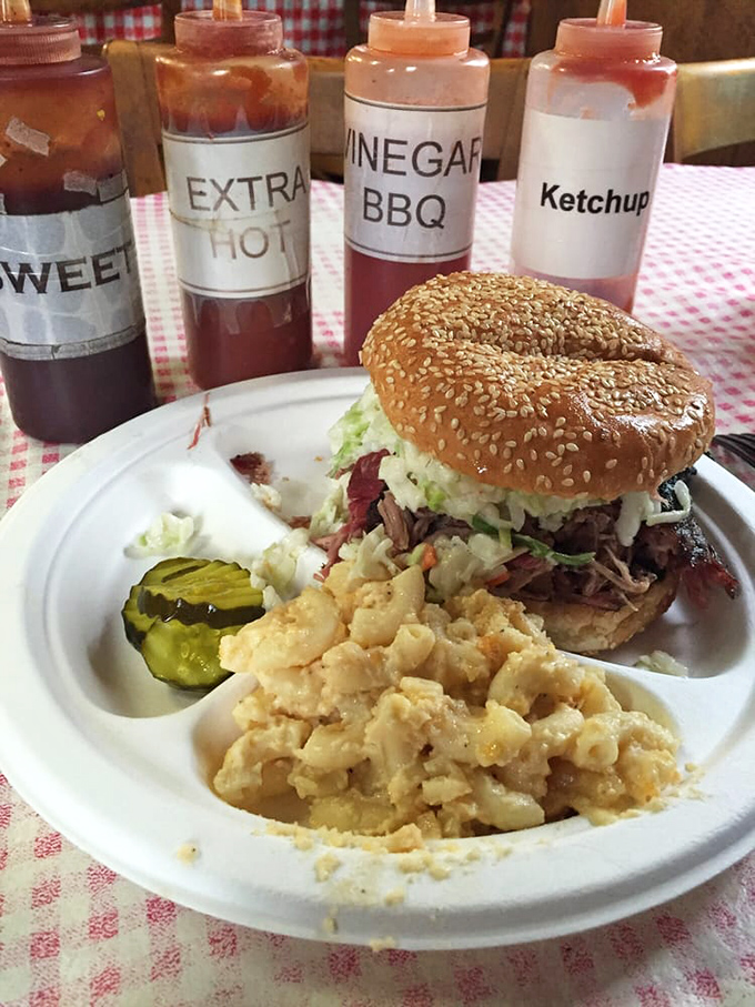 The sandwich that launched a thousand road trips. Those sauce bottles stand ready for customization, but this beauty barely needs help.