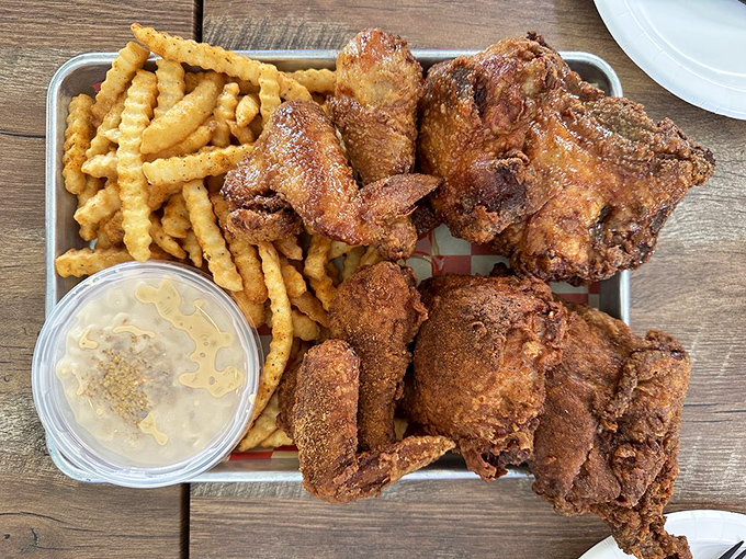 Seasoned fries and golden chicken: the dynamic duo that makes you wonder why you ever bothered with fancy restaurants.