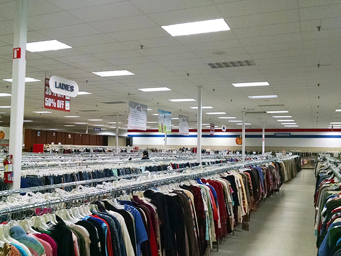 An ocean of clothing racks stretches to the horizon, organized by size and color. The thrill of the hunt begins here!