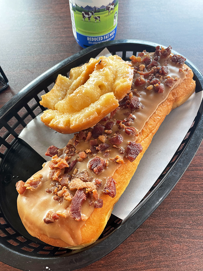 This maple bacon long john isn't just breakfast—it's two breakfast favorites that decided to elope and create the ultimate morning power couple.