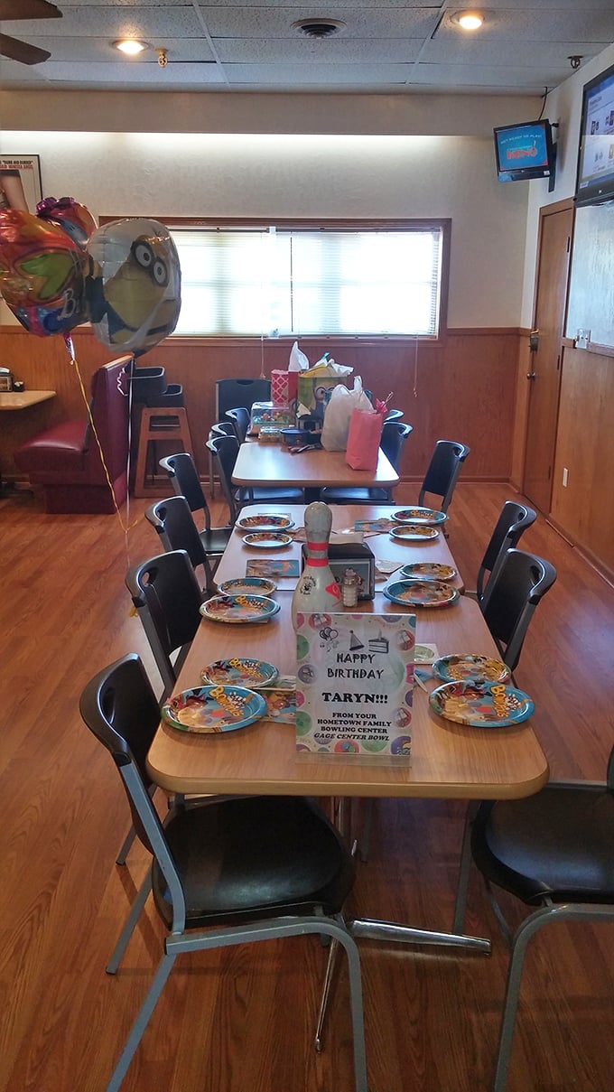 Birthday celebrations find their perfect home here, where pin-shaped balloons and colorful plates transform ordinary tables into memory-making stations.