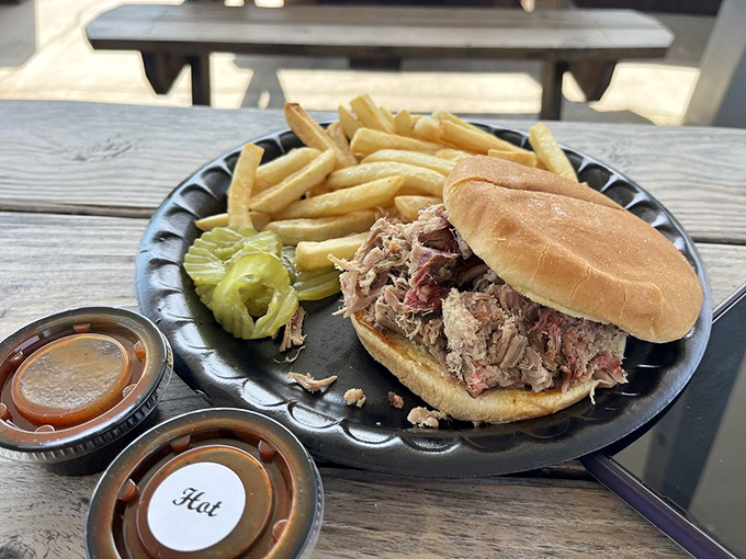 The pulled pork sandwich arrives with sauce on the side &ndash; a sign of confidence that the meat can stand on its own smoky merits.