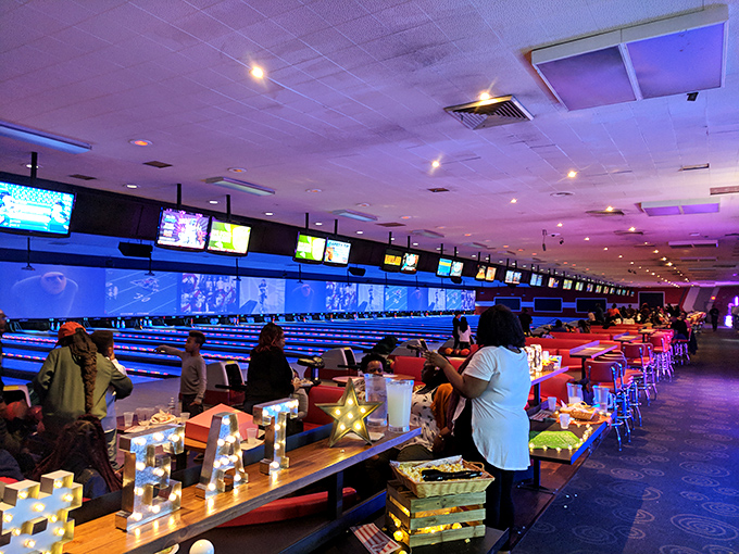 Family memories in the making as kids and adults gather in the cozy lounge area, where strikes and spares take a backseat to togetherness.