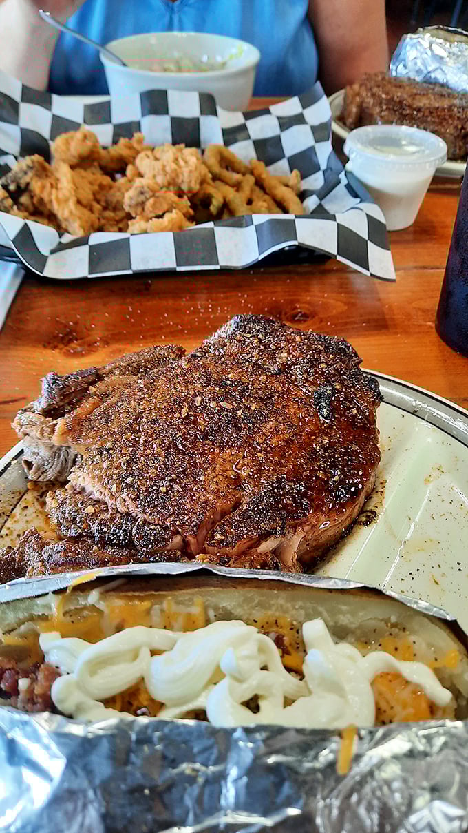 This ribeye isn't just cooked, it's been lovingly persuaded to greatness &ndash; a carnivore's dream with that perfect seasoned crust.