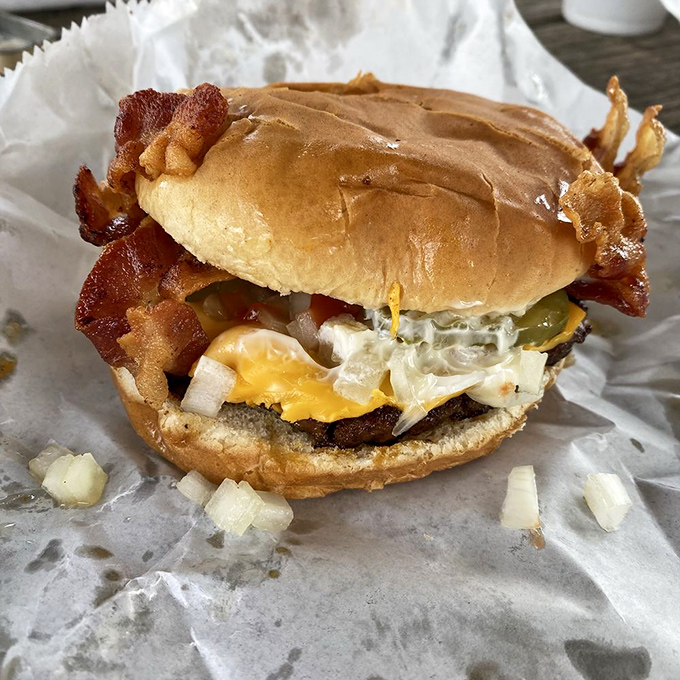 When your burger comes dressed "all the way" with Brooks' famous chili, mustard, and onions&mdash;napkins become essential survival gear.