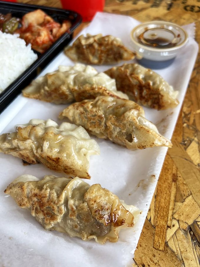 Golden-brown gyoza dumplings glisten with promise, offering a delicious detour into Asian flavors that pair surprisingly well with their all-American burger counterparts.