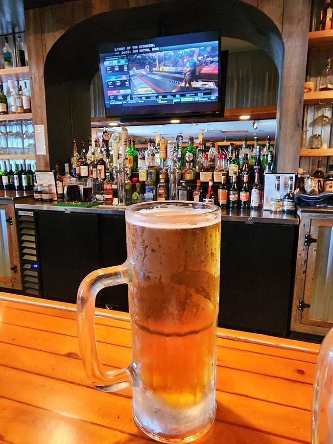 That frosty mug isn't just holding beer&mdash;it's containing liquid happiness, the perfect companion for a barbecue expedition.