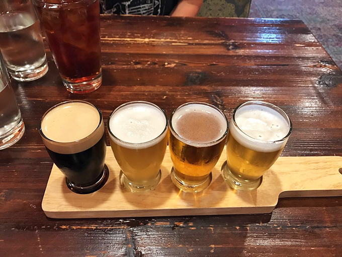 The beer flight: liquid courage for the culinary adventure ahead. From dark and brooding to light and effervescent, like the cast of a perfect sitcom.