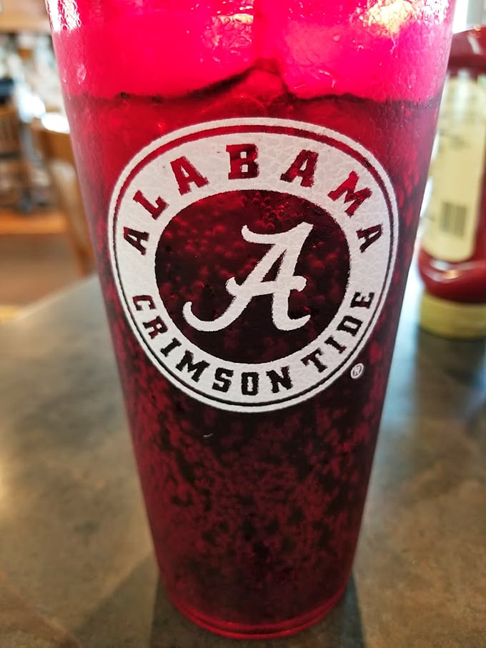 When your drink comes in Crimson Tide regalia, you know you're deep in Alabama territory. Roll Tide, roll flavor.