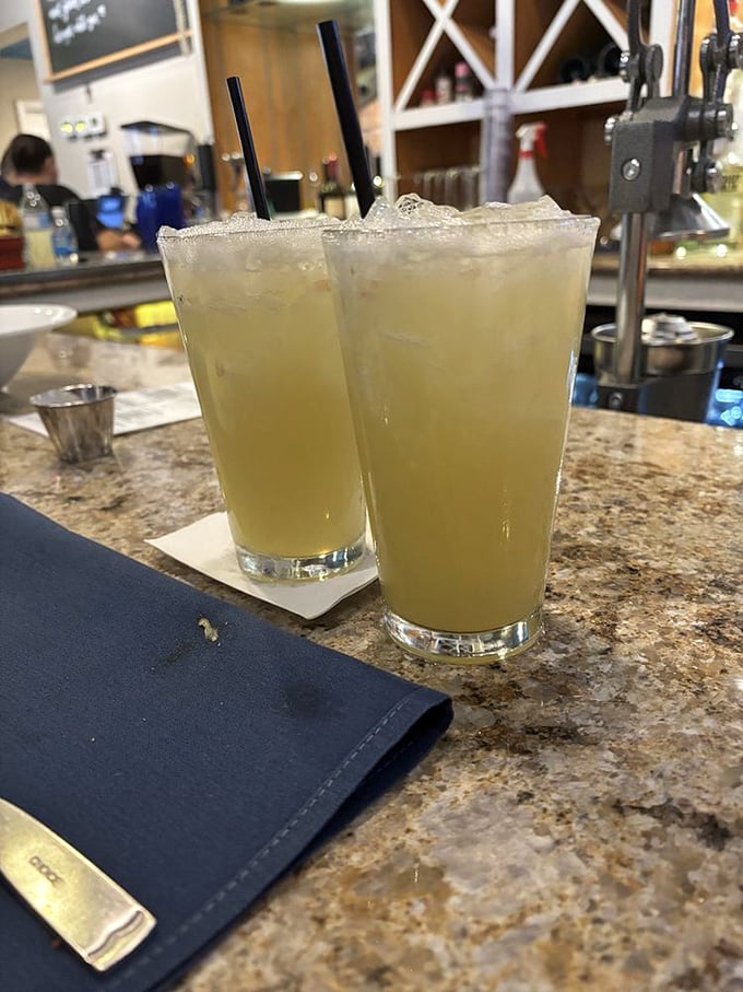 Margaritas that promise coastal relaxation in liquid form. Two glasses of sunshine that pair perfectly with anything from the raw bar.