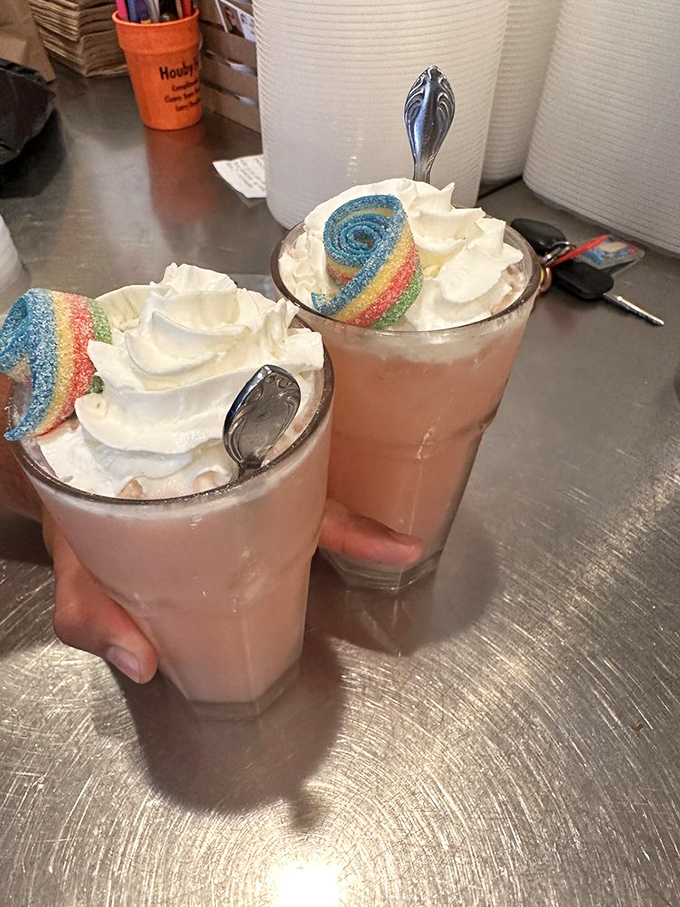 These milkshakes wear their rainbow candy accessories like jewelry&mdash;proof that sometimes breakfast can double as dessert without judgment.