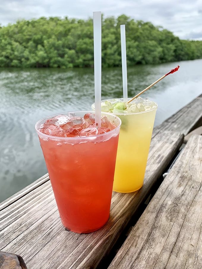 Colorful drinks with the mangroves as backdrop&mdash;nature's way of saying, "Yes, you deserve this moment of liquid vacation."