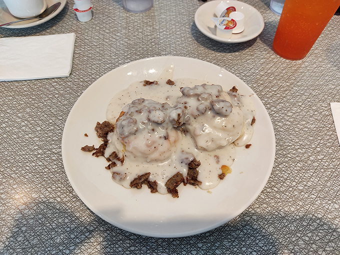 Biscuits drowning happily in creamy gravy&mdash;the Southern breakfast equivalent of wearing a warm blanket while eating another warm blanket.