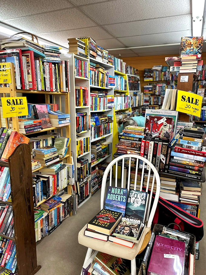 Literary treasures stack floor to ceiling, with Nora Roberts holding court on a vintage Windsor chair. Even the books need a place to rest!