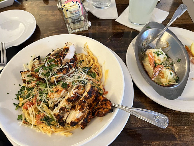 Pasta and seafood living together in perfect harmony&mdash;like The Odd Couple, if Felix and Oscar were both delicious and covered in Parmesan.