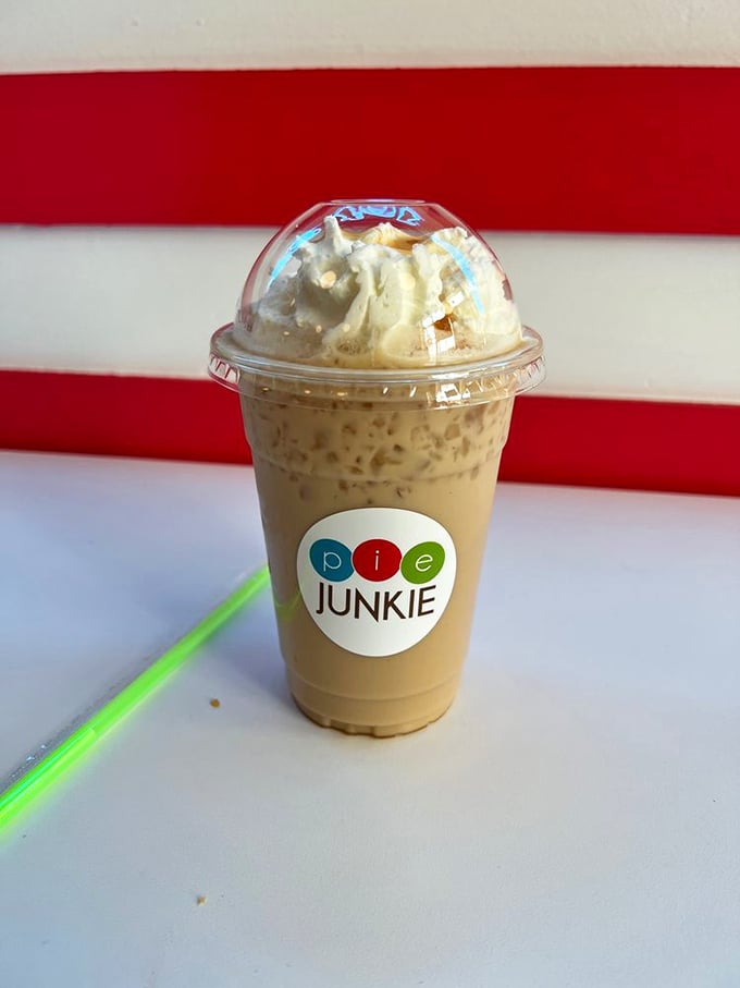 Their caramel latte topped with whipped cream proves Pie Junkie understands that proper pie consumption requires proper hydration.