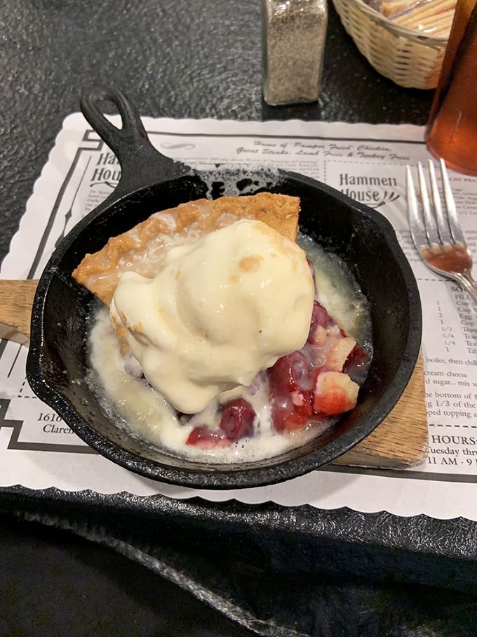 Served sizzling in a cast iron skillet, this cherry delight with melting ice cream performs the hot-cold ballet that makes taste buds applaud.