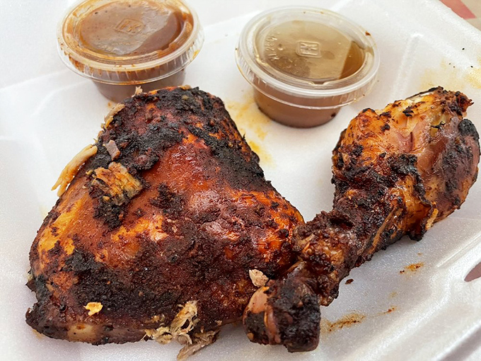 Chicken that's gone to smoky finishing school &ndash; crisp, blackened exterior giving way to juicy meat that's worth crossing state lines for.