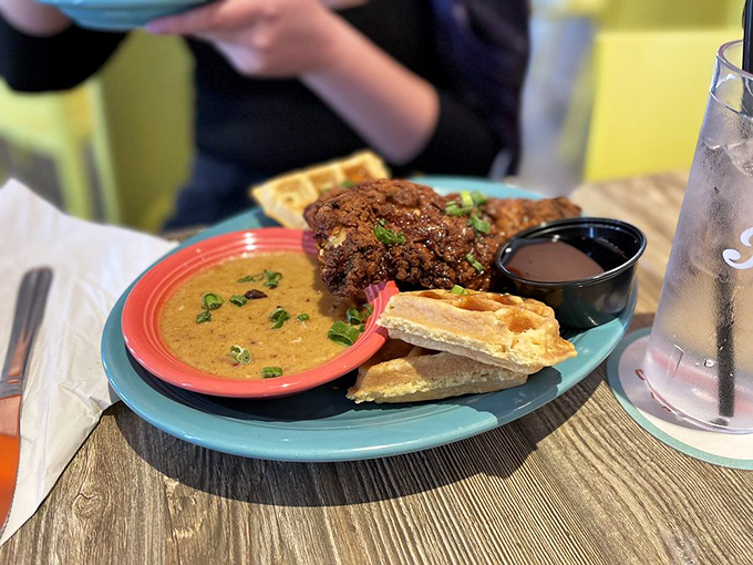 Chicken and waffles with a side of gravy&mdash;the breakfast equivalent of wearing a tuxedo with sneakers. Formal, yet wonderfully comfortable.
