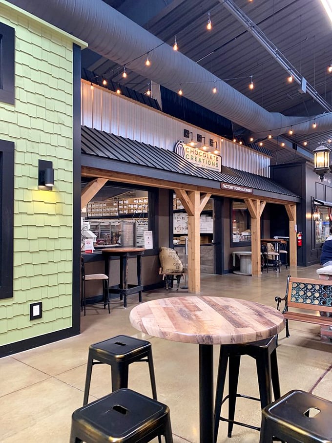 The Chocolate Creations storefront looks like a movie set where Willy Wonka decided to go rustic-industrial.