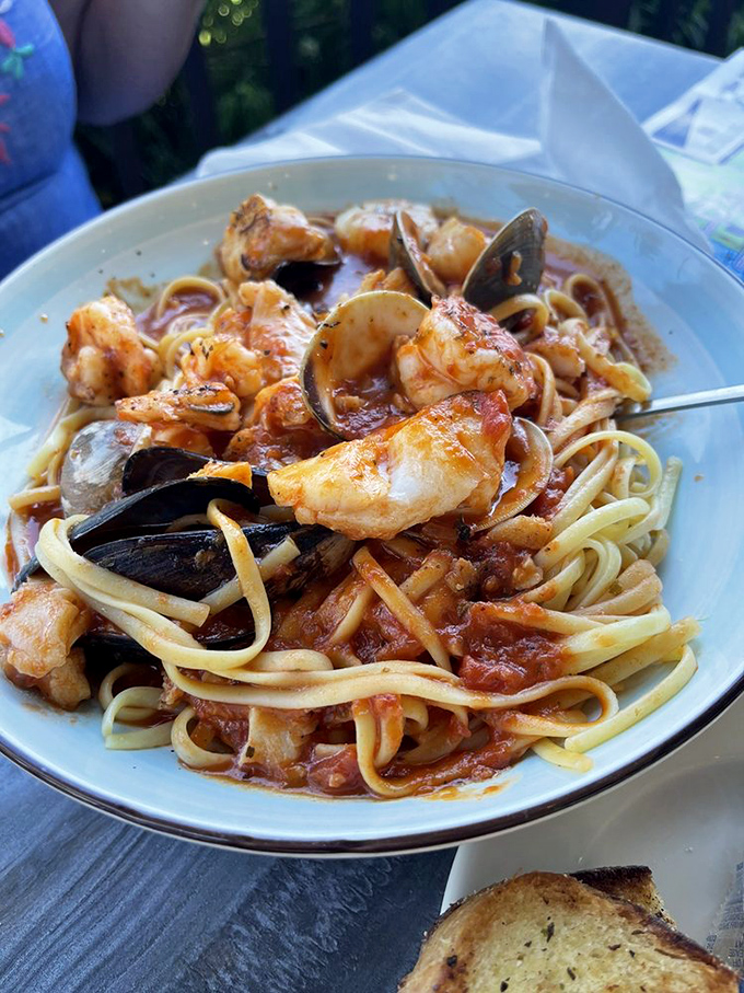 A bowl of cioppino that would make San Francisco jealous&mdash;tender seafood treasures nestled in pasta and bathed in a sauce worth sopping up with bread.